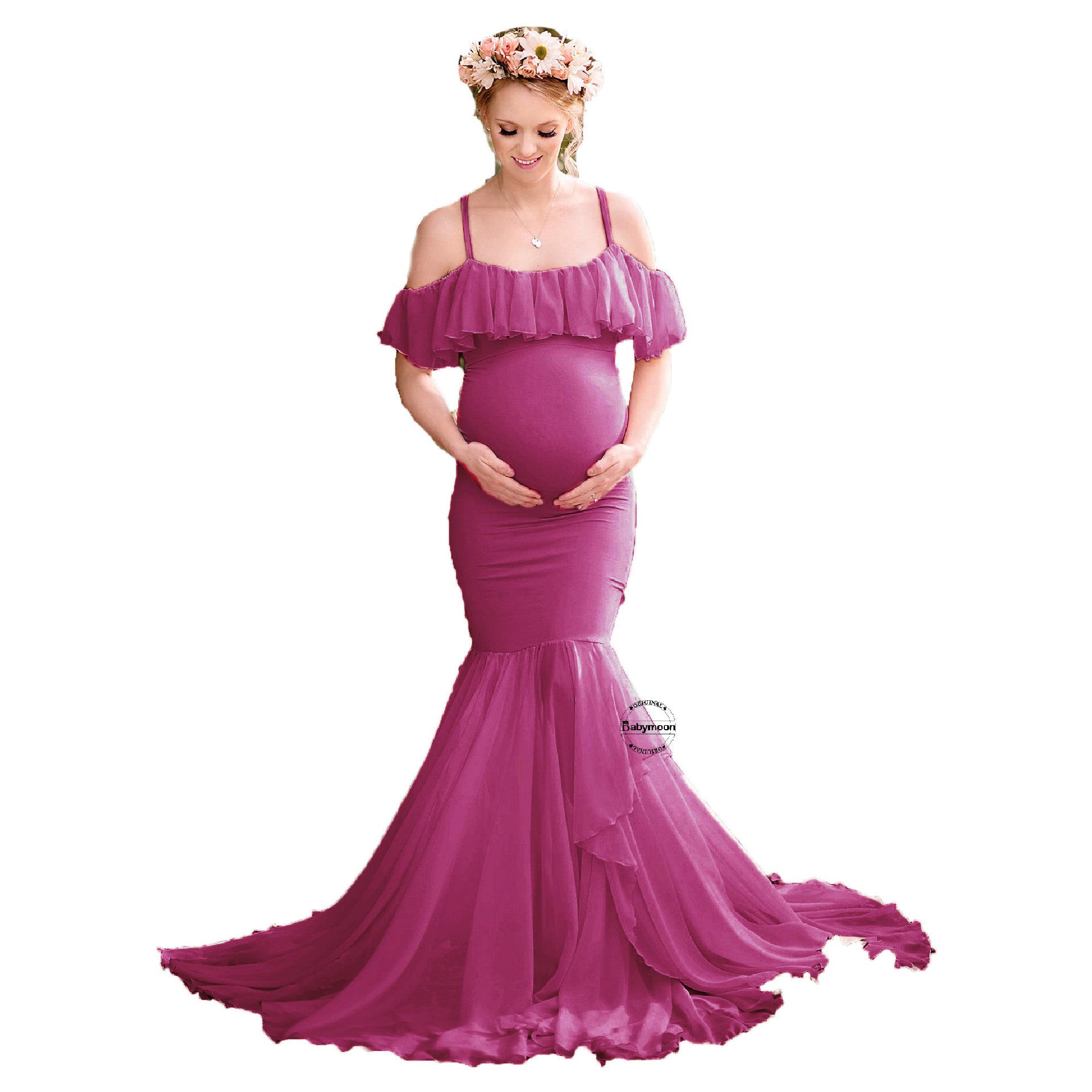 Babymoon Off Shoulder Maternity Gown Dress - Dark Pink – BABYMOON