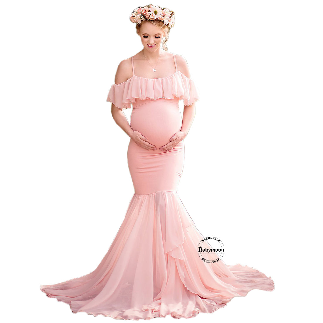 Babymoon Off Shoulder Maternity Gown Dress - Light Pink – BABYMOON